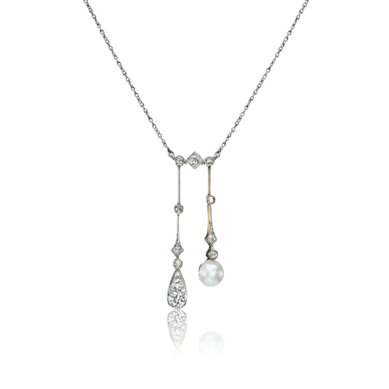 Antique Drop-Down Necklace with a Pearl and 12 Old Cut Diamonds ...