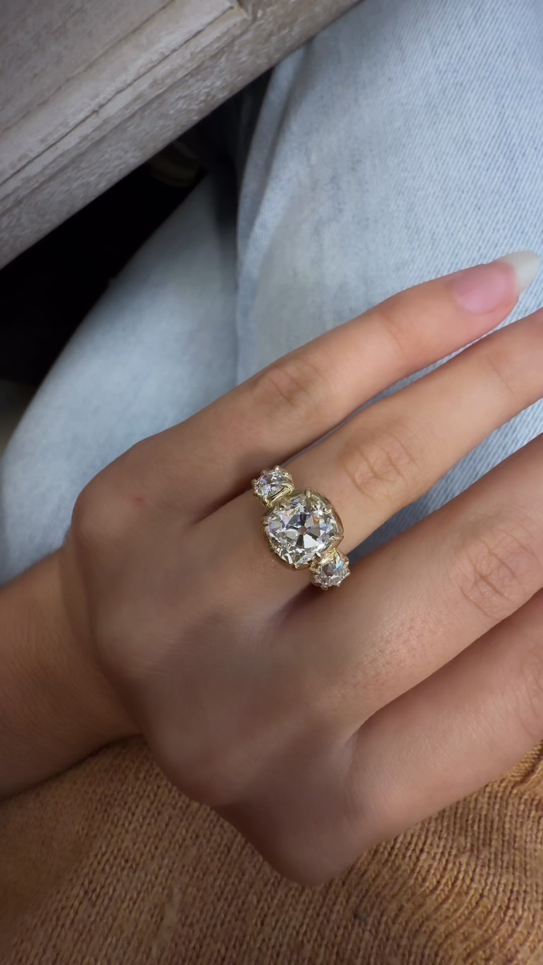 3 Carat Old Mine Cut Three Stone Diamond Ring in 18kt Gold Collet ...