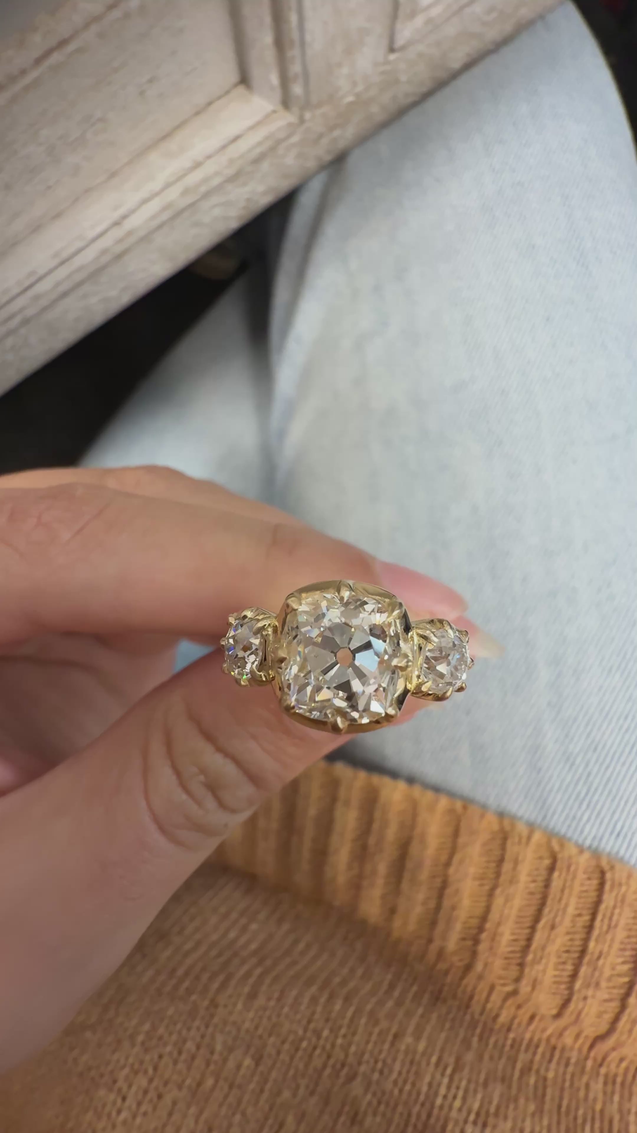 3 Carat Old Mine Cut Three Stone Diamond Ring in 18kt Gold Collet ...